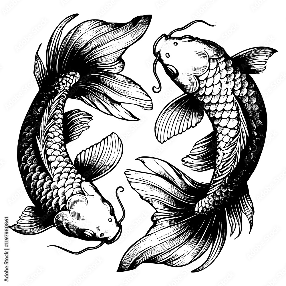 two koi fish swimming in a circular motion, with flowing fins and ...