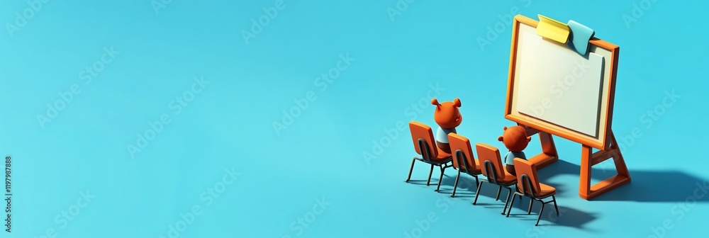 Cartoon characters attending a presentation with a blank whiteboard ...