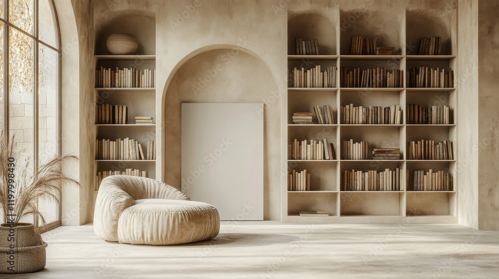 nice designed luxury library room with beige tones with empty ...