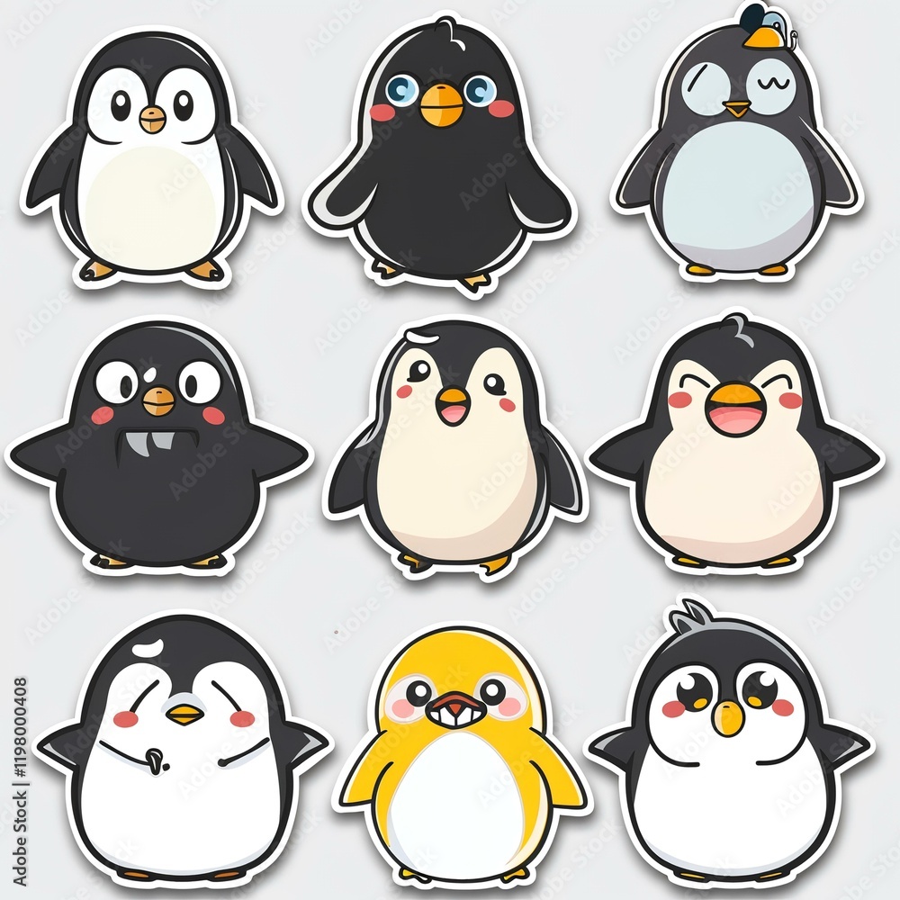 Nine Cute Cartoon Penguin Stickers, Digital Download, Arctic Animal ...
