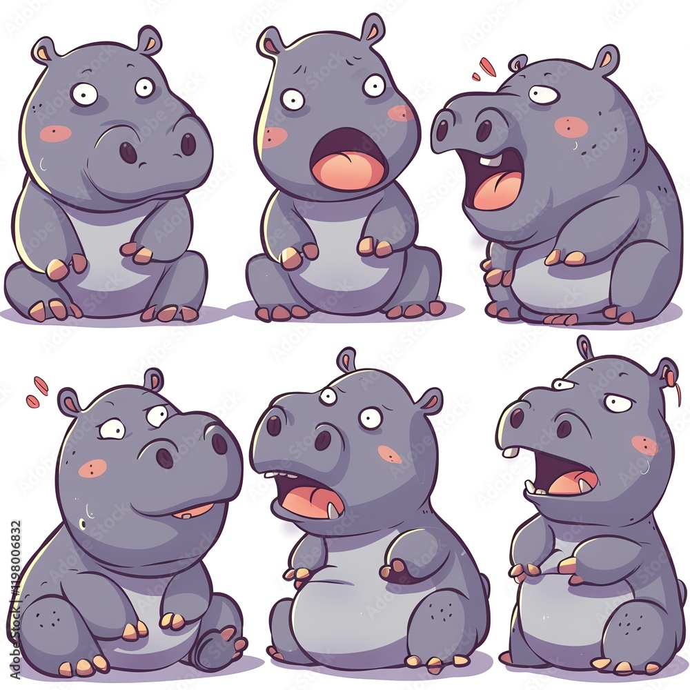 Cartoon hippos expressing emotions; isolated, white background; for ...