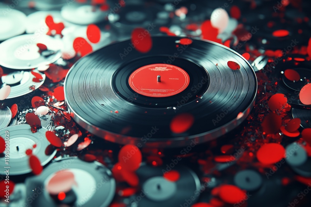 A haunting scene of a broken turntable surrounded by shattered vinyl ...