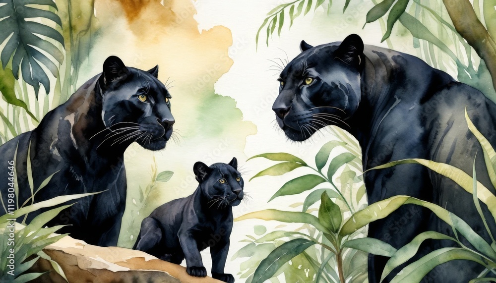Black panther family in a lush rainforest setting during the day ...