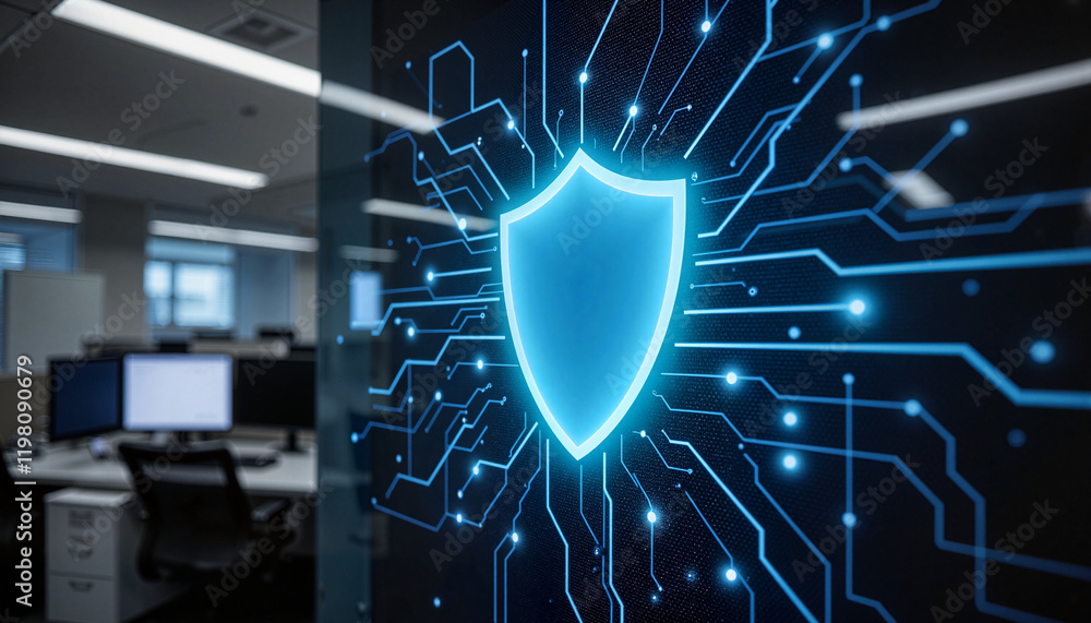 Cybersecurity shield displayed in office cubicle, digital protection ...