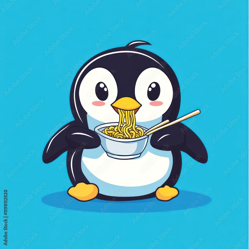 Cartoon penguin eating noodles with chopsticks on a solid blue ...