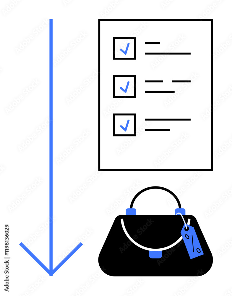 Flowchart arrow points to checklist with three items and handbag. Ideal ...