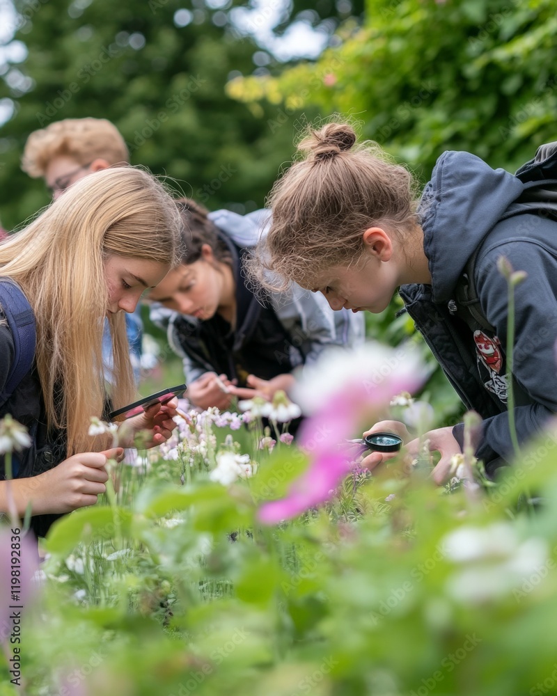 Students on a field trip to a botanical garden, sketching plants and ...