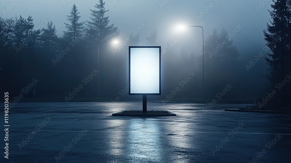 Blank rectangular road sign glowing under streetlights in an empty ...