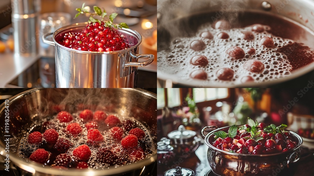 Four images showing stages of berry jam making. Stock Photo | Adobe Stock