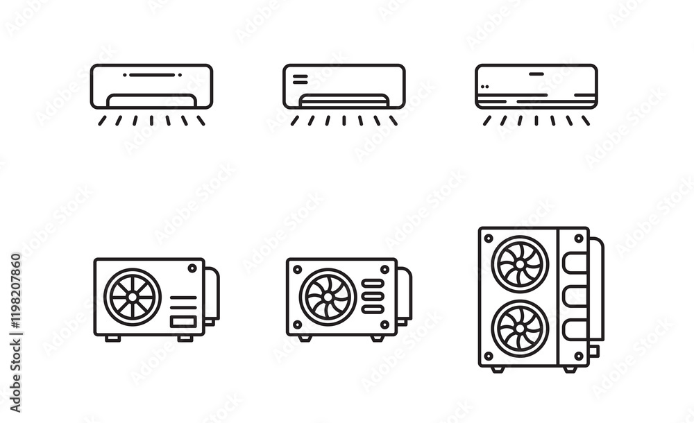 Icon set of Air Conditioning and compressor isolated on white ...