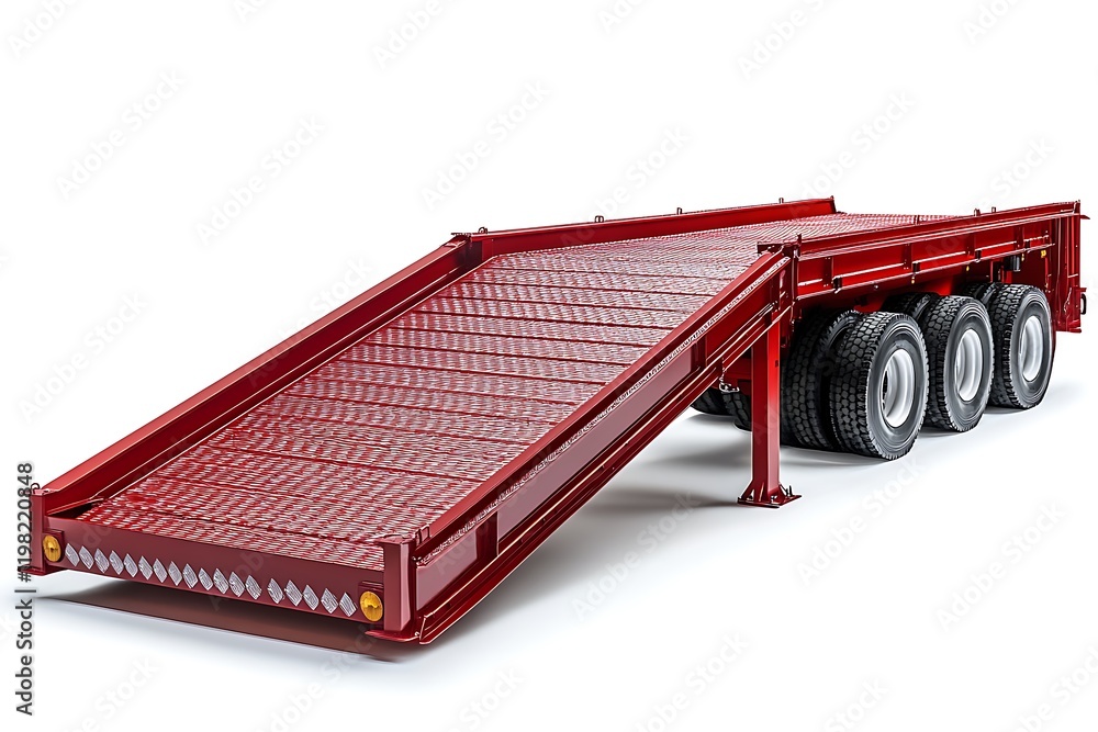 Red heavy-duty lowboy trailer with ramp, isolated on white background ...