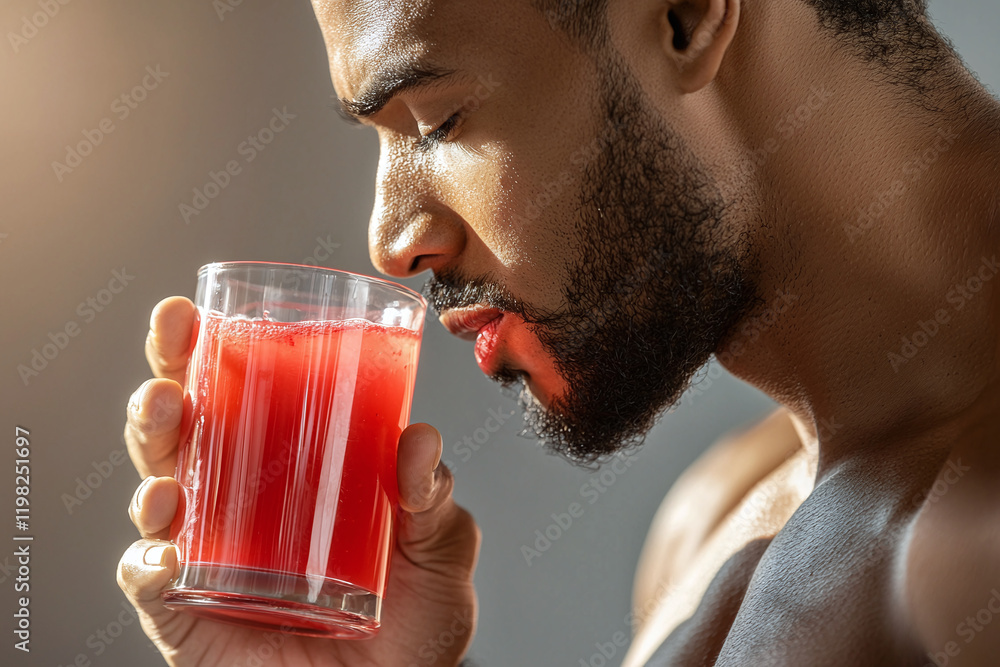 Close up of bodybuilder sipping refreshing red drink, showcasing ...