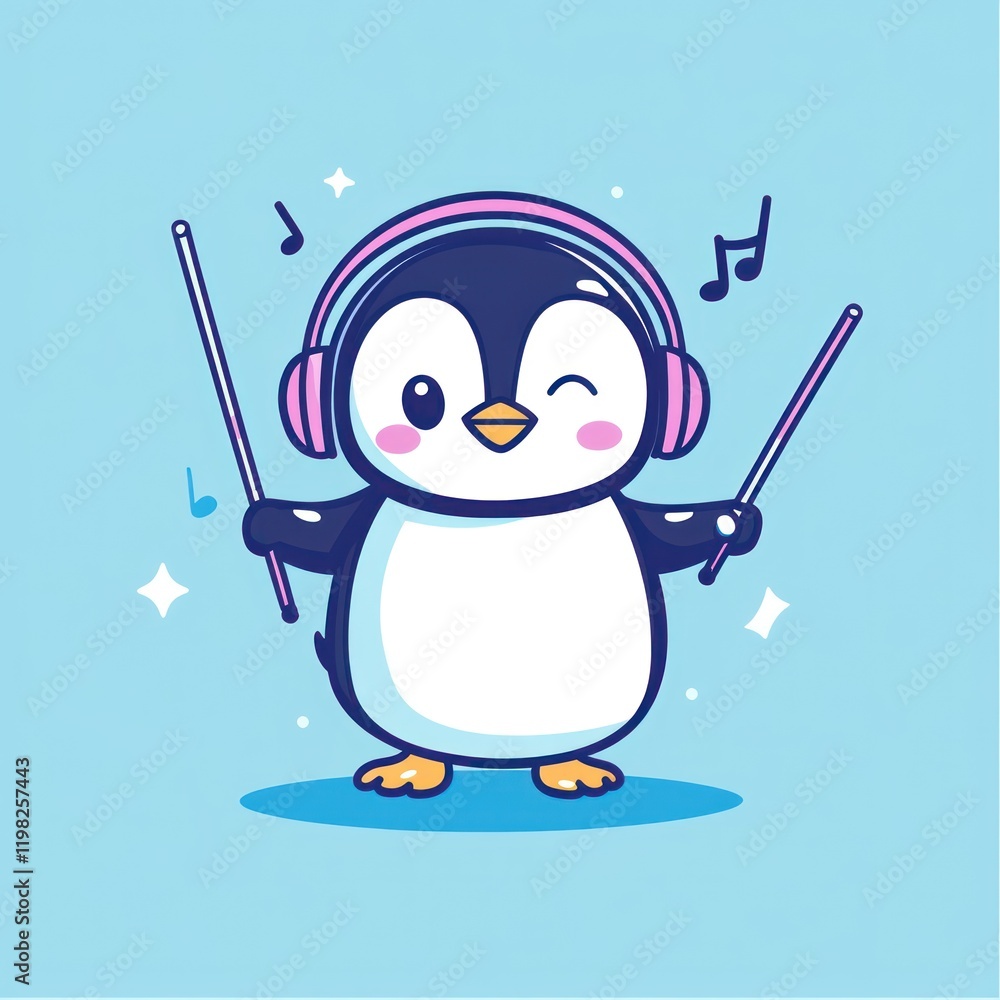 Cute penguin DJ-ing, music notes background, fun illustration, kids ...