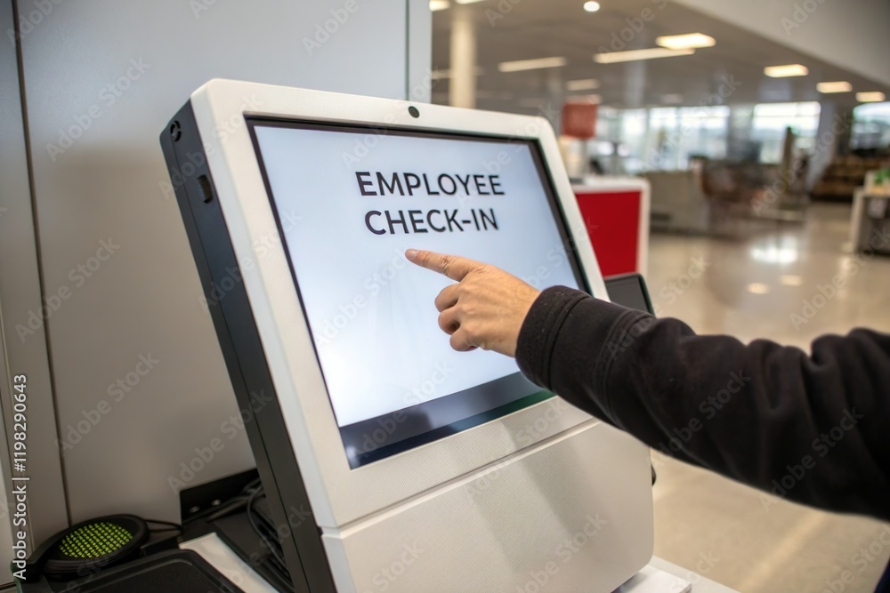 Finger touch employee check-in screen. Workplace digital attendance ...