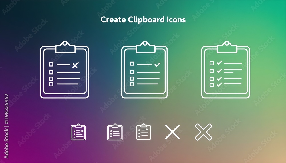 Create a set of clipboard icons in outline style, featuring checkmarks, lists, and crosses ...