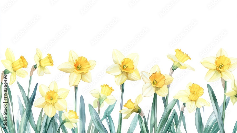 Daffodil field frame or border. watercolor illustration, Perfect for ...