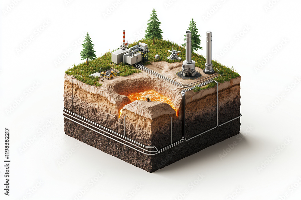 Geothermal energy system diagram showing heat flow and infrastructure ...