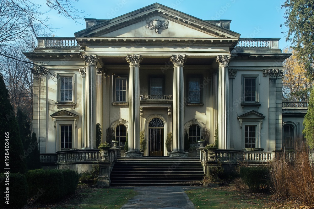 A grand, Neoclassical style mansion with tall columns and a symmetrical ...