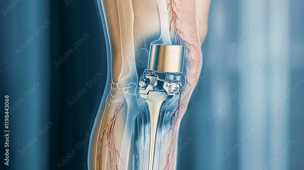 X-ray of artificial knee joint implant in human leg, showing metallic ...