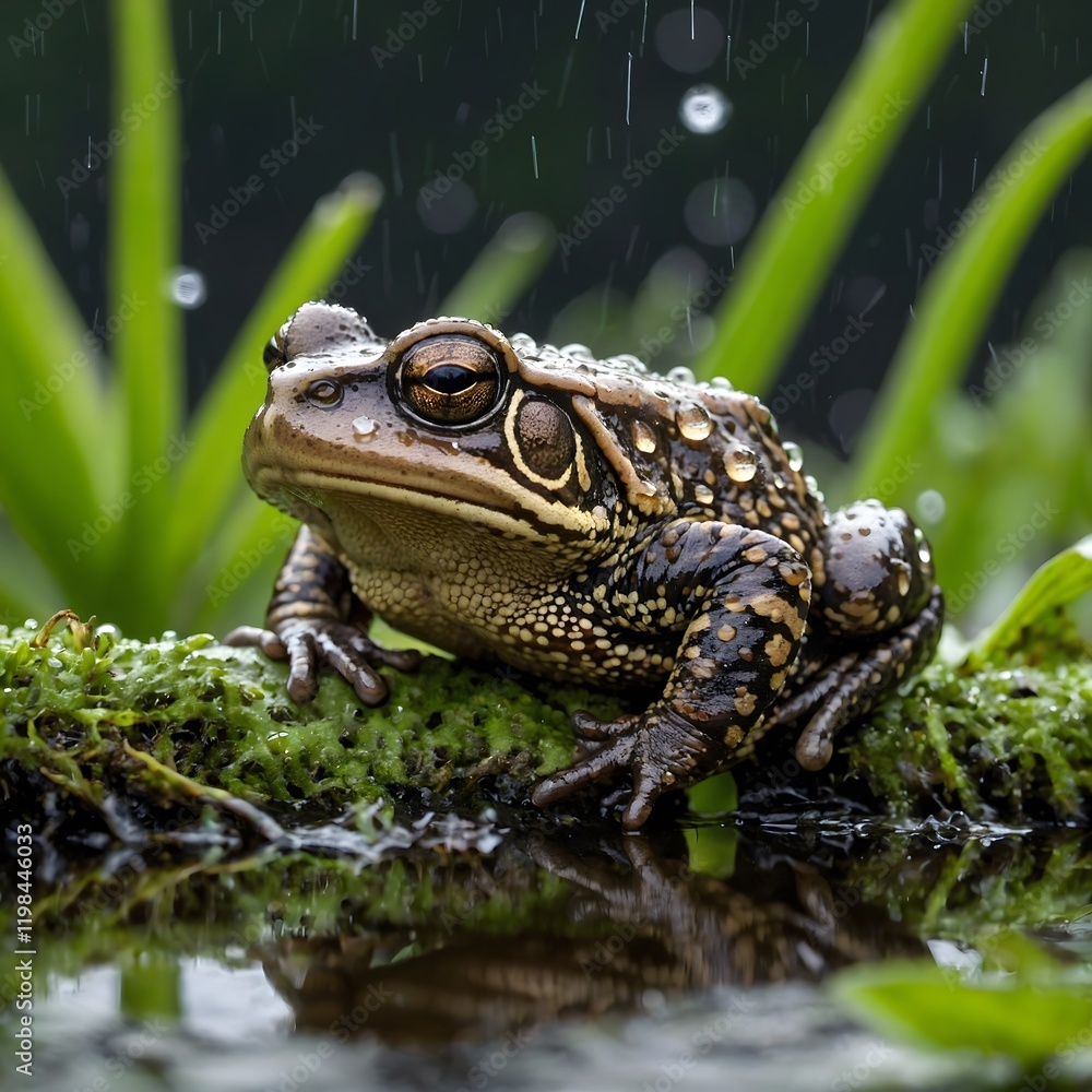 Nature’s Pause: Common Toad on Log in Wetland with Raindrops Stock ...