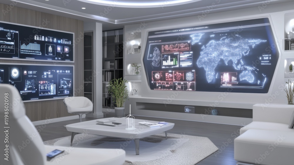 A modern, high-tech control room featuring large displays, sleek ...
