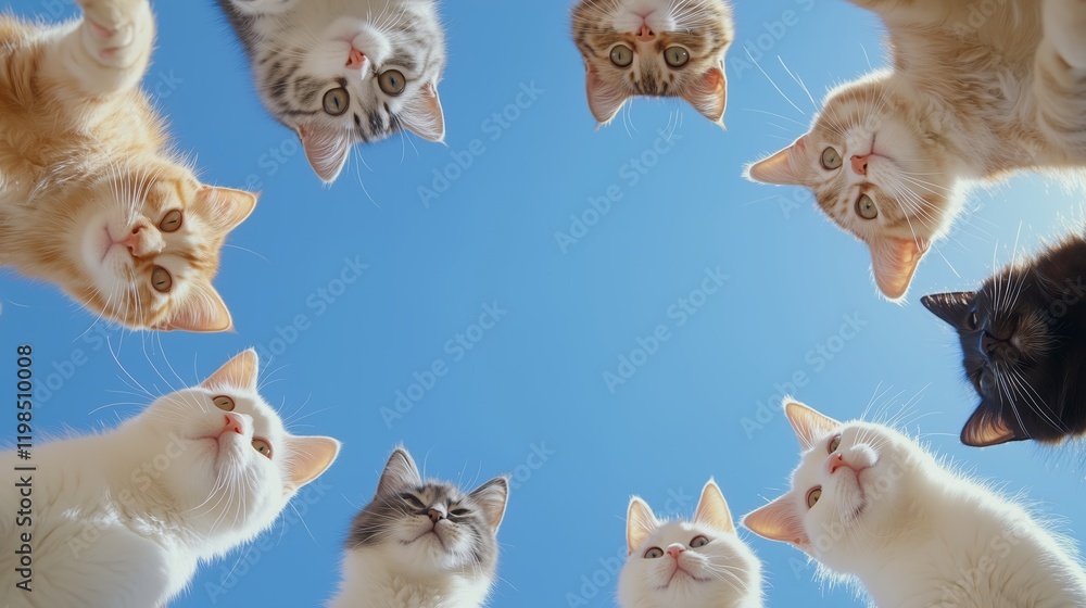 From a bottom-up perspective, eight cats form a circle. The expressions ...