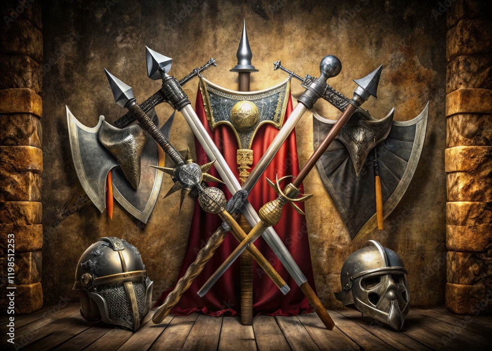 Surreal medieval fantasy weapons: swords, axes, maces, and banners ...