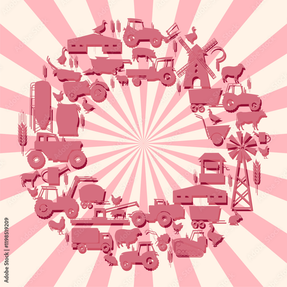 Circle frame with icons of agriculture and farming. Illustration or ...