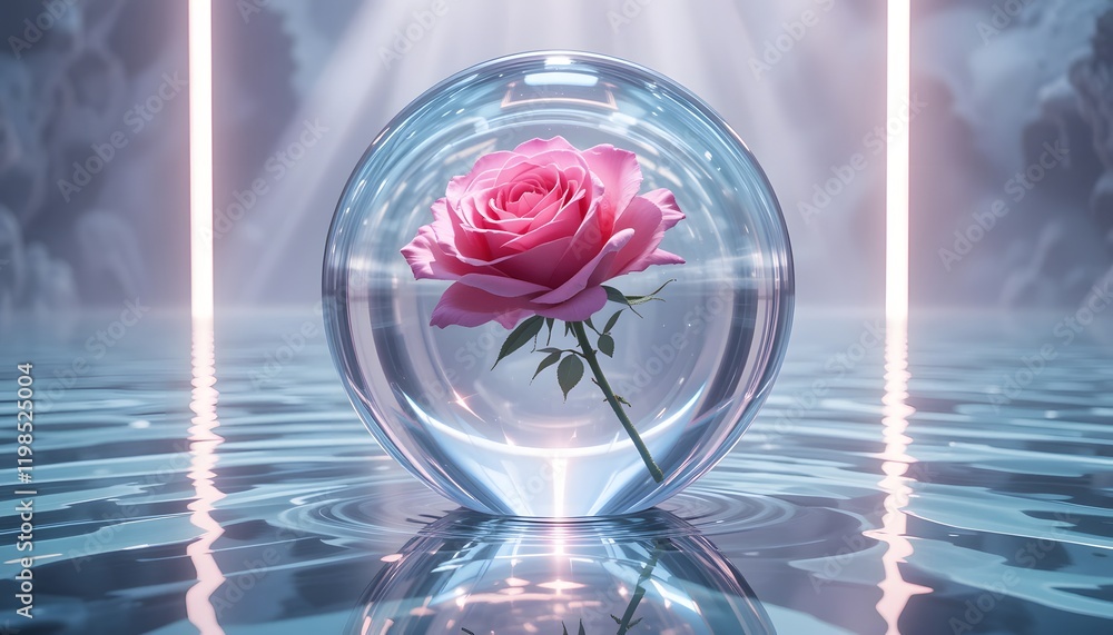 A glowing pink rose suspended in a sphere of water, floating above a ...