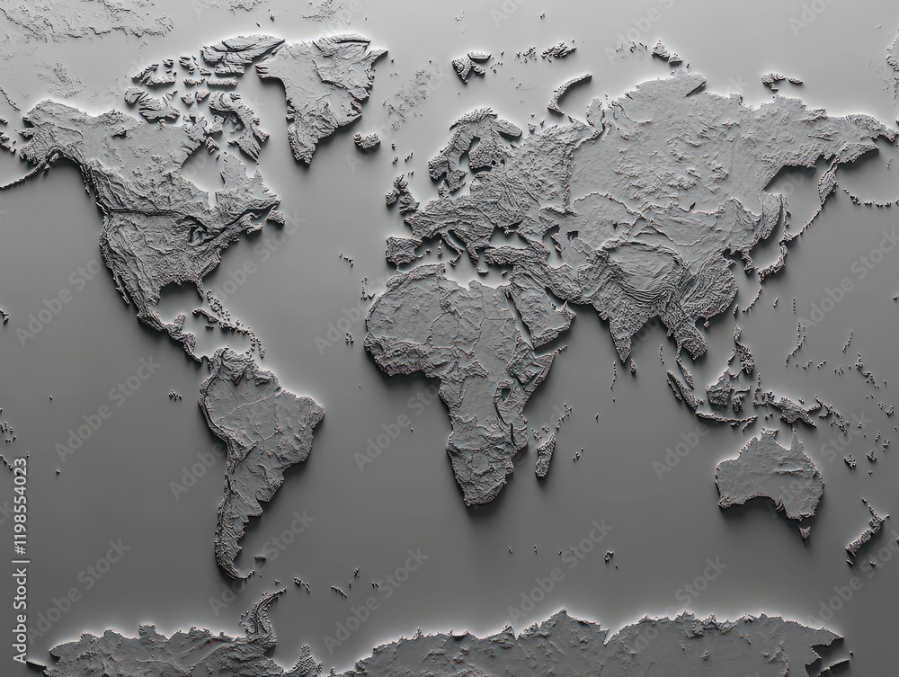 Monochrome shaded relief world map PNG with 3D-style elevation shading ...
