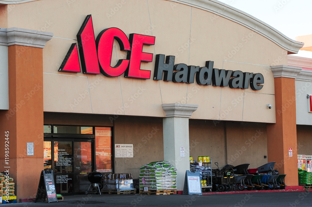 The storefront of an Ace Hardware store featuring a prominent red and ...