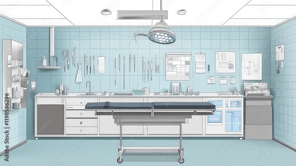 diagram of a forensic autopsy room, showing labeled tools like scalpels ...