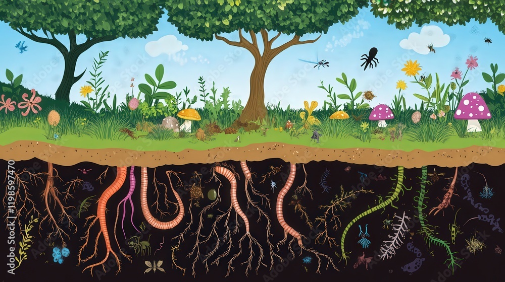 soil ecosystem, illustrating how earthworms, bacteria, fungi, and plant ...