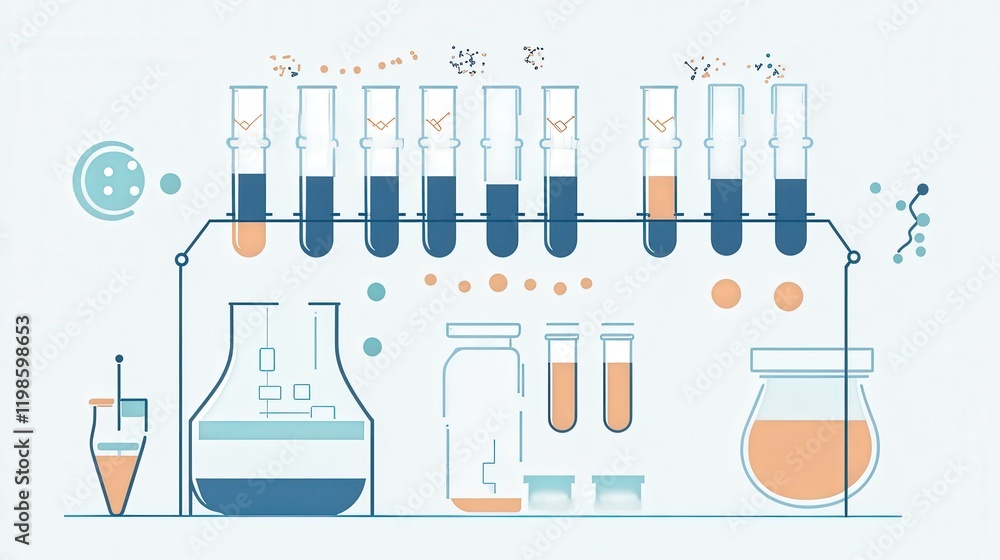 labeled test tubes illustrating steps in a complex scientific process ...