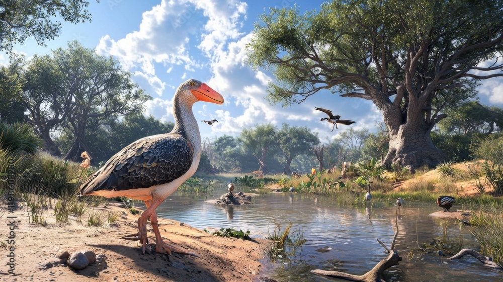 Prehistoric Bird by Waterhole Extinct Avian in Ancient Landscape Stock ...