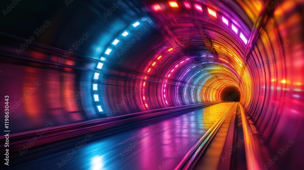 Colorful tunnel illuminated by vibrant neon lights and glowing bokeh ...