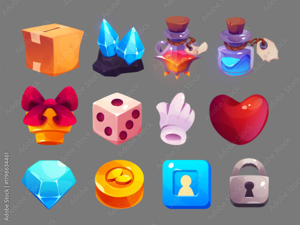 Game icon set - cardboard box, crystals and magic potions, gift with ...