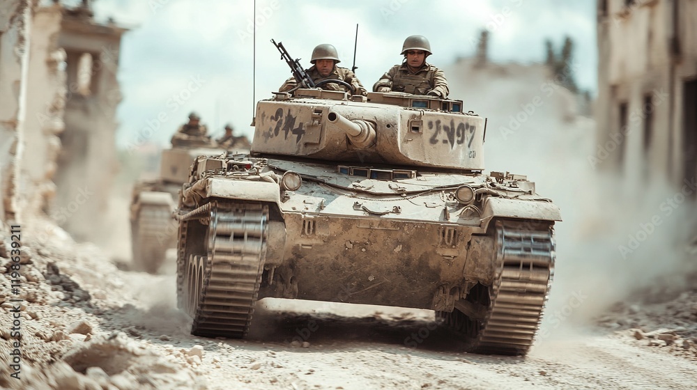 Armored tanks advancing with soldiers in war zone action scene urban ...