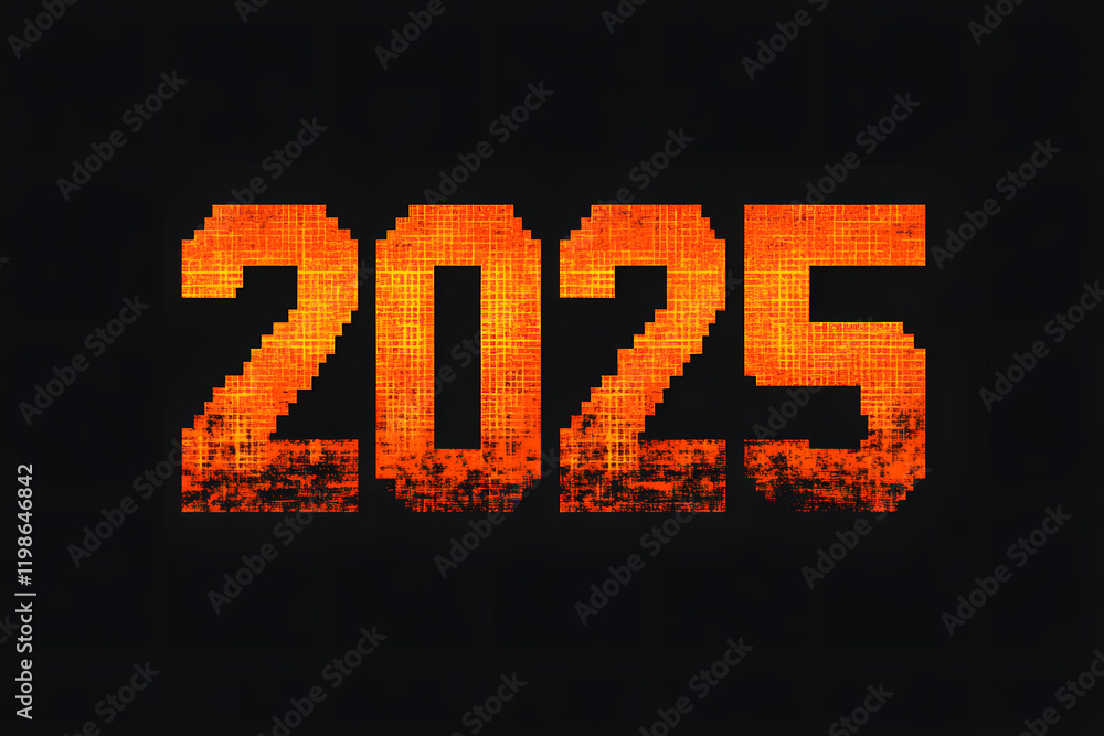 Stock-Illustration „2025 in bold orange pixelated style on black ...
