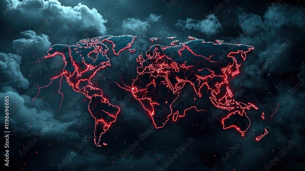 Lightning Bolts on a Global Network Map: A stylized world map with ...