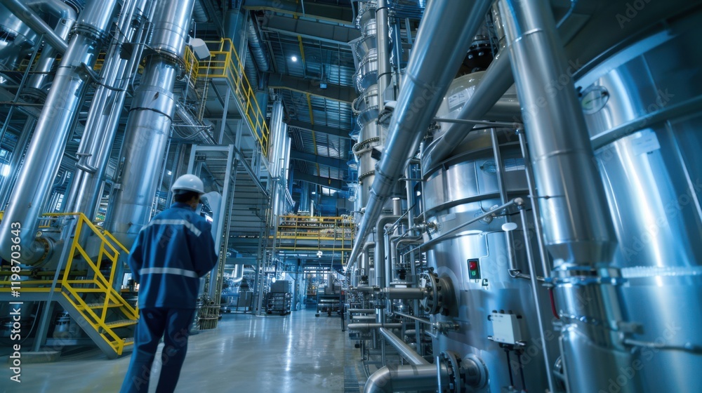 A modern industrial chemical processing plant with engineers overseeing ...