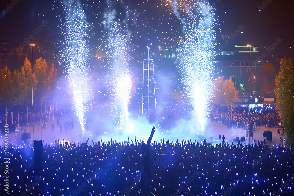 Crowd Enjoys Spectacular Fireworks Display at Nighttime Outdoor Concert ...