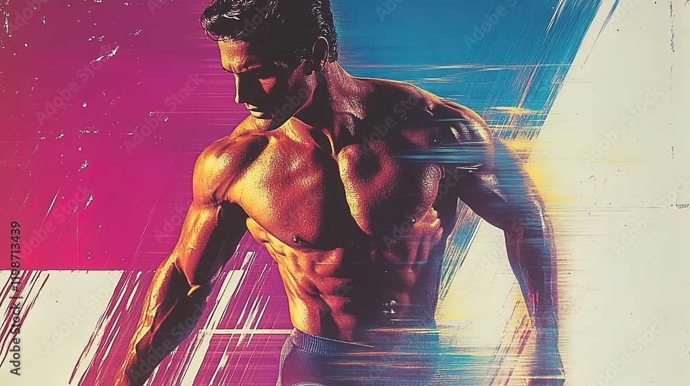 A 1980s fitness magazine cover design with bold fonts, energetic poses ...