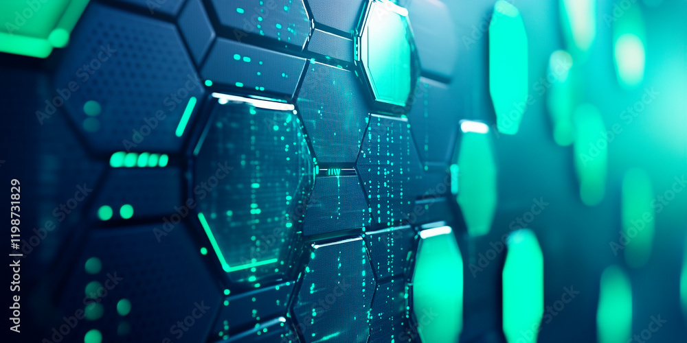 High-tech surface background made of tiles illuminated by neon light ...