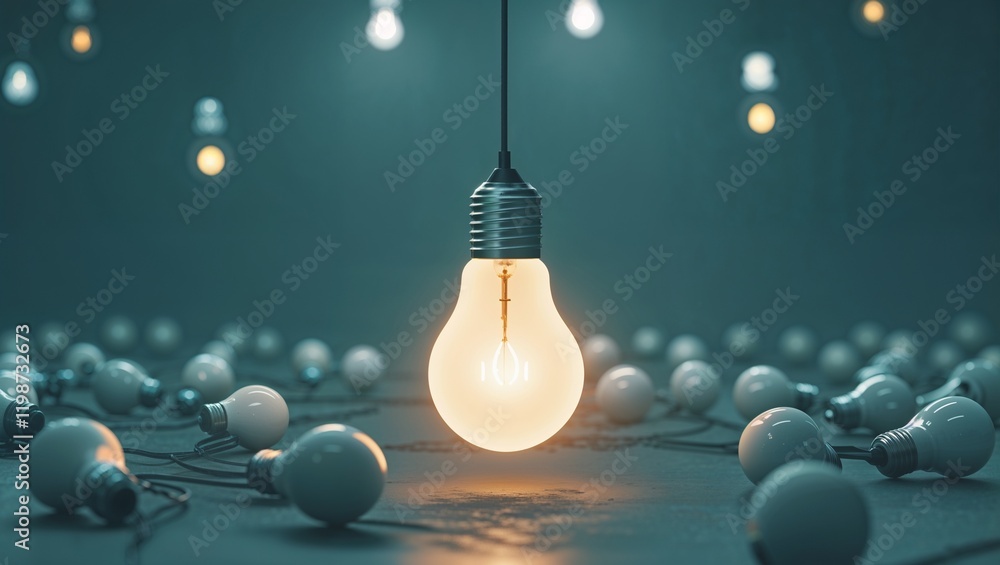 One of Lightbulb glowing among shutdown light bulb in dark area with ...