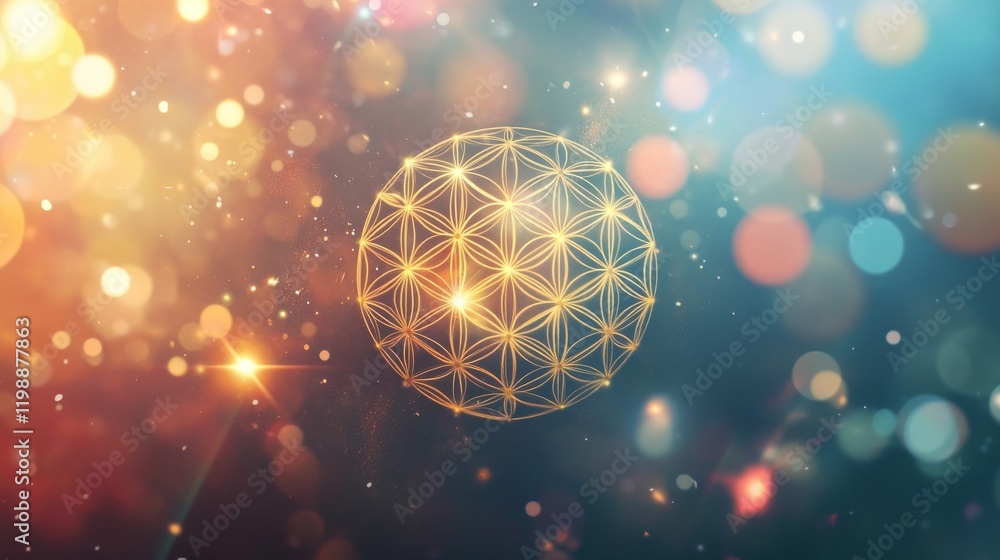 Ethereal flower of life sacred symbol with radiant gold metallic ...