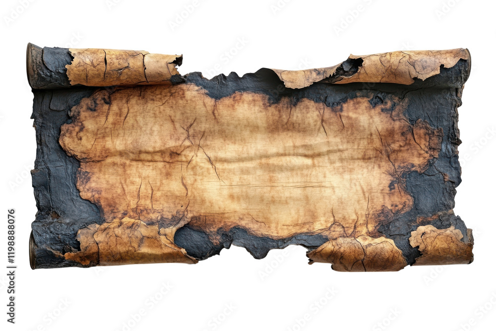 Ancient scroll with burned edges revealing faded text and aged texture ...