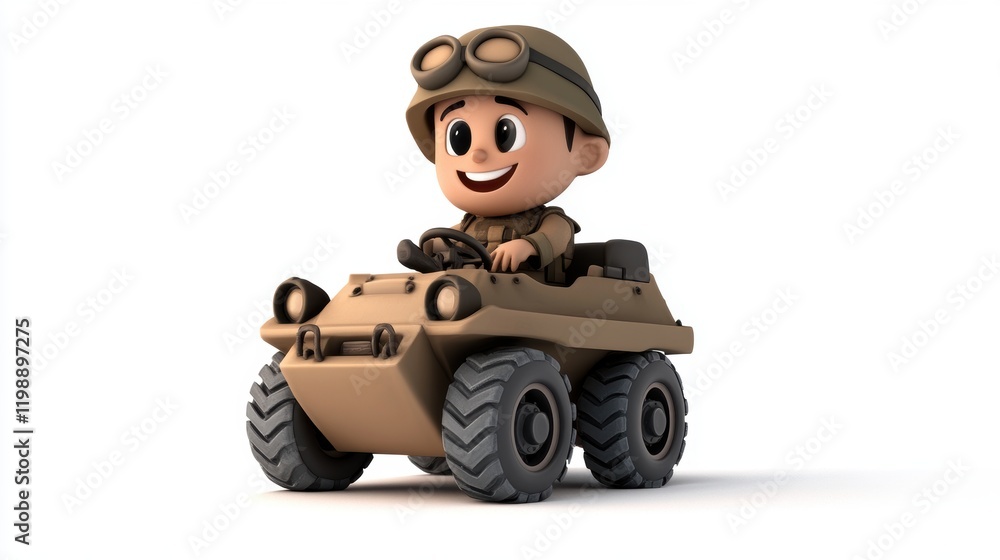 Adventurous cartoon soldier driving tiny military vehicle digital ...