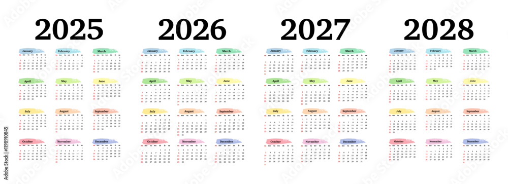 Set of calendars for 2025, 2026, 2027 and 2028 on a white background ...