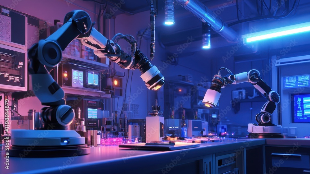 Advanced research lab with AI-driven robotic arms handling precision tasks Stock Photo | Adobe Stock